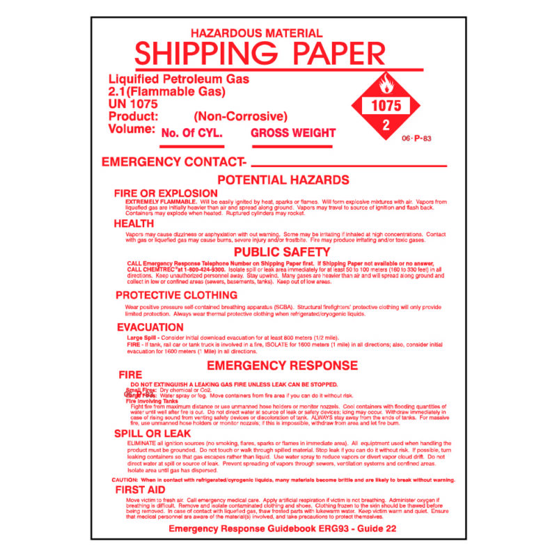 1075 Shipping Papers/Cylinder Trucks 7" X 9"